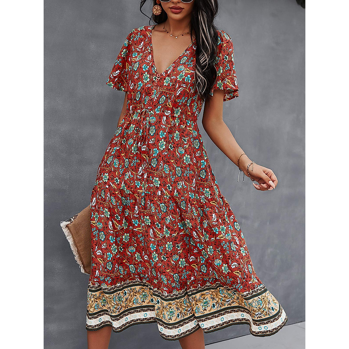 TEMOFON Summer Dresses for Women 2024 Boho Sun Maxi Beach Sundresses Summer Floral Short Sleeve V Neck Bohemain Flowy Loose Casual Cute Spring Trendy Vacation Dress Red
