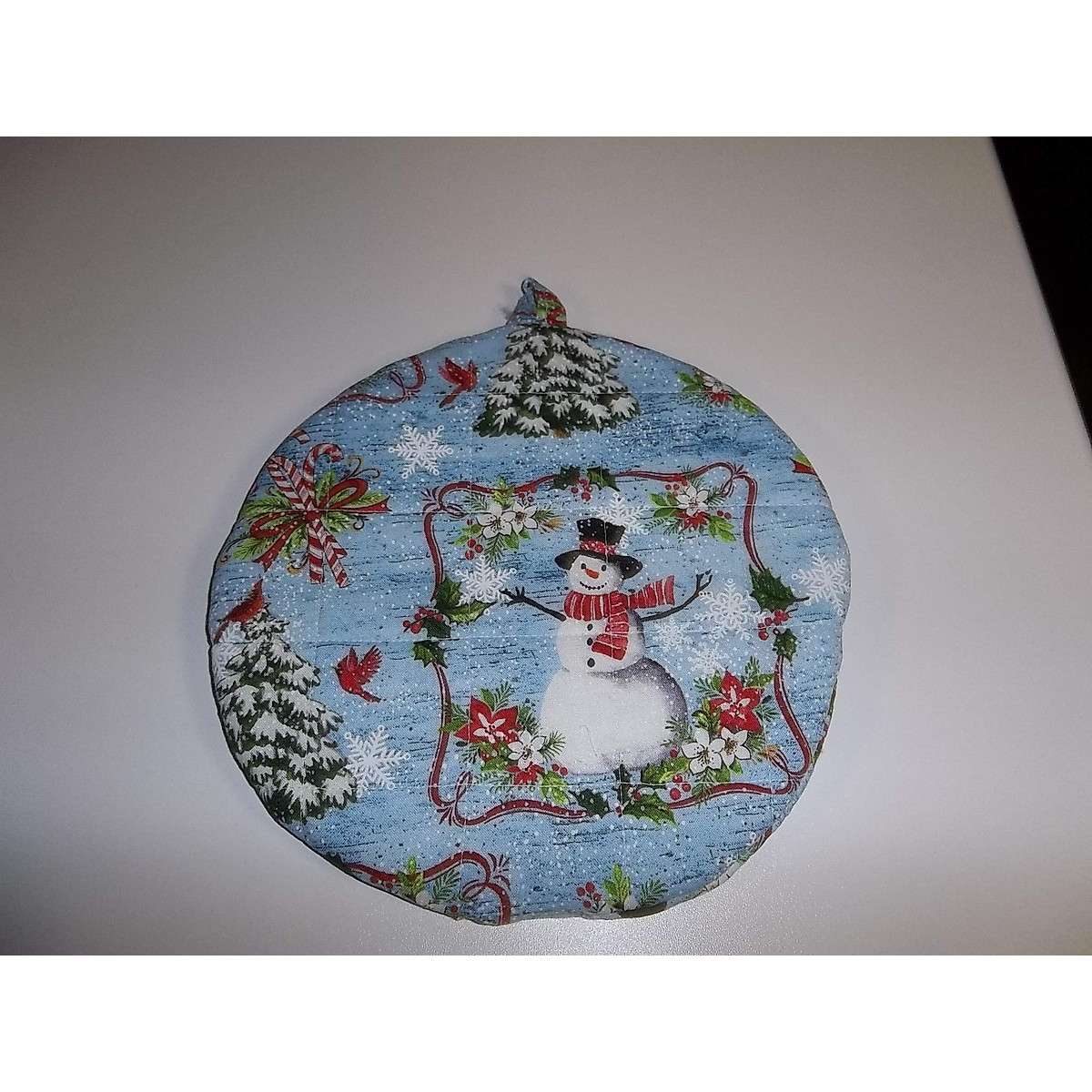 Christmas Pot Holders Snowman on Blue Handmade Heat Resistant Double Insulated Quilted Hot Pads 9 Inches Round