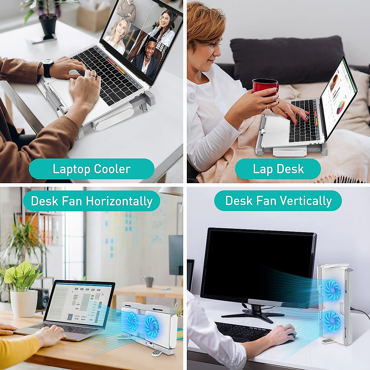 DeskLogics Laptop Cooling Pad 10-17 Inches Portable Laptop Cooler Stand Lap Desk Fan for Gaming PC, Extensible, Adjustable, Fit in Bag, USB A/C Ports, 2 Quiet Fans, Gift Ideas - White & Gray