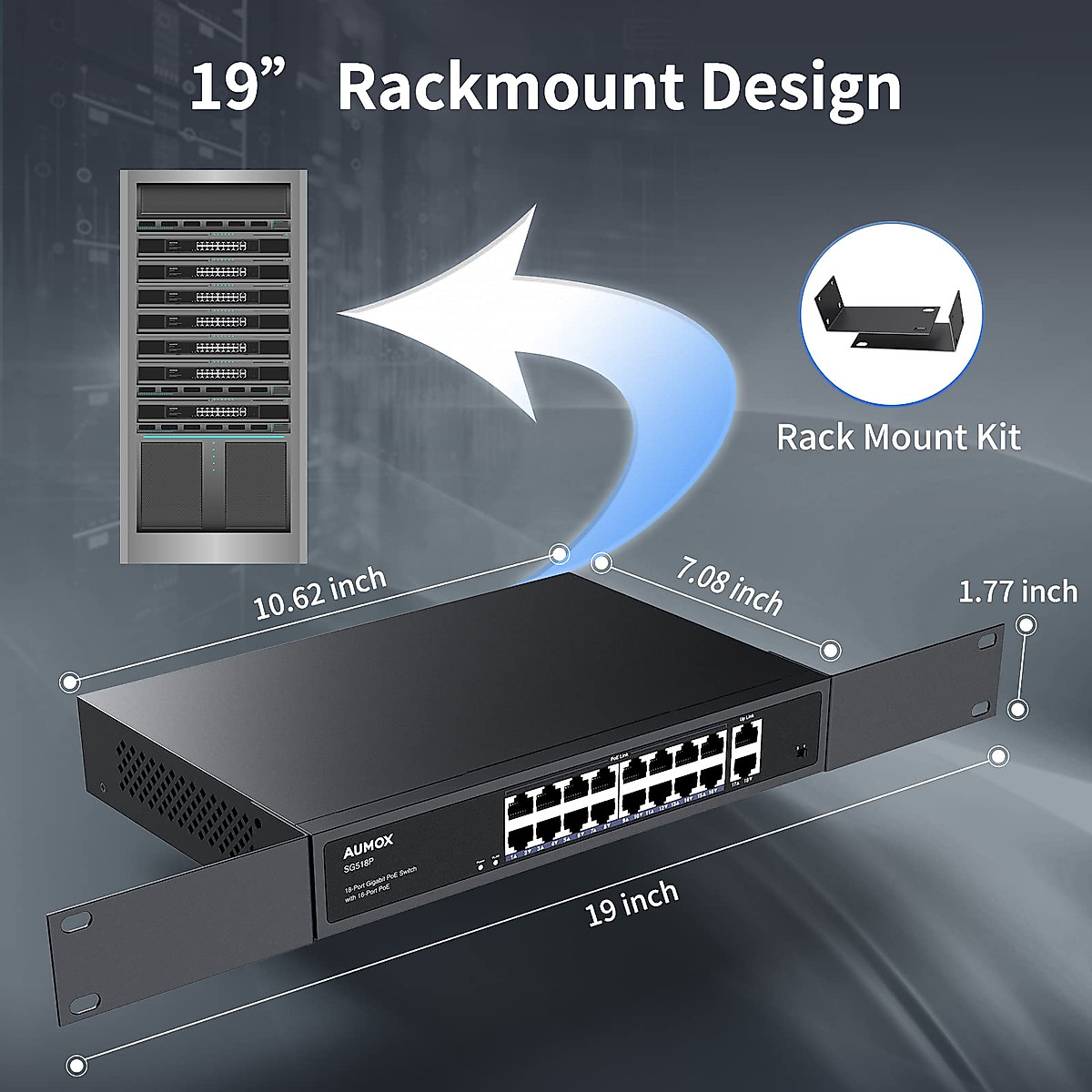 Aumox 18-Port Ethernet Gigabit PoE Switch, 16-Port PoE with 2 Uplink Gigabit Ports, 250W Built-in Power, Metal Casing and 19-inch Rackmount, Traffic Optimization, Plug and Play, Unmanaged(SG518P)