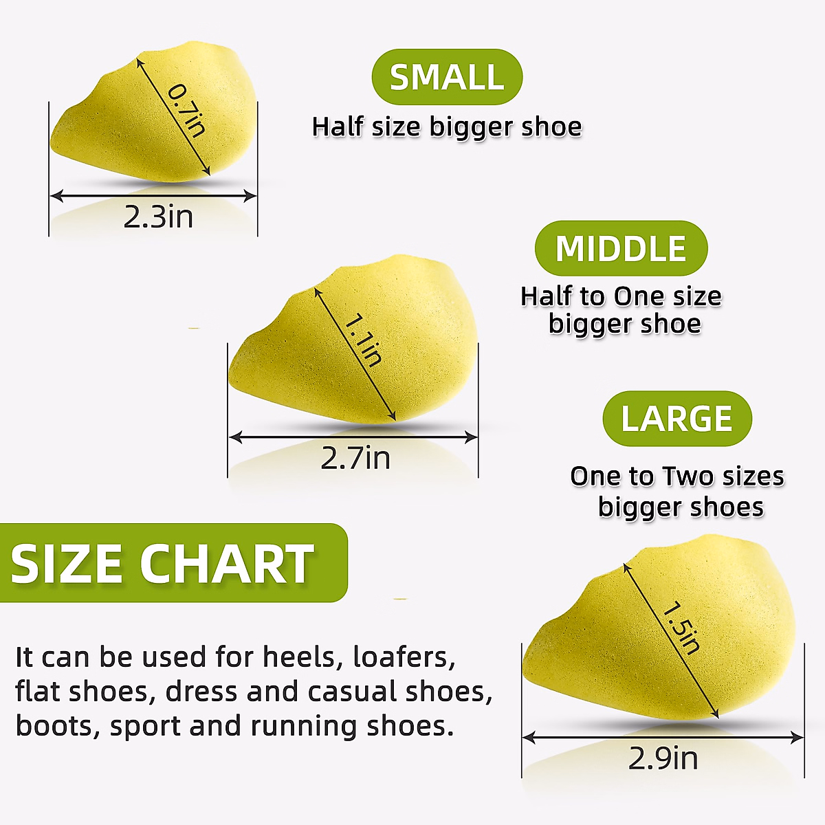 Shoe Fillers for Loose Shoe,Toe Filler Inserts,Shoe Inserts for Shoe Too Big,Heel sliping Make Shoes Fit,for Both Men and Women.Middle:(Half to One Size Bigger)/Green