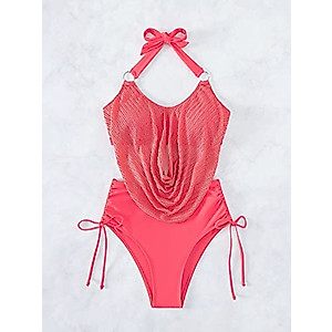 MakeMeChic Women's 2 Piece Bathing Suits Ring Linked Drape Drawstring High Waisted Tankini Swimsuit Watermelon Pink S