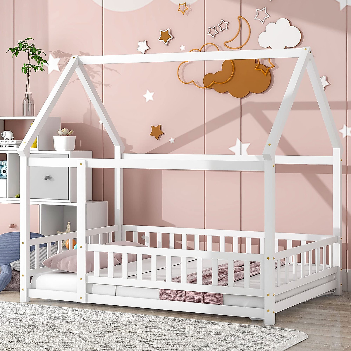 i-POOK Full Size House Bed Wooden Floor Bed with Roof and Fence Guardrails Montessori Bed Playhouse Bed for Children Girls and Boys, White(No Bed Slats)