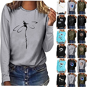 YSLMNOR Womens Long Sleeve Tops Dragonfly Printing T-Shirts Basic Round Neck Pullover Fall Blouse Casual Shirts Black