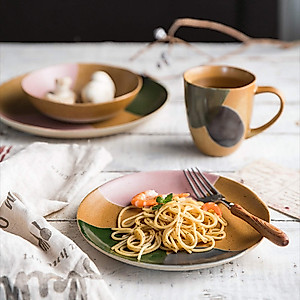 GagalU Dinner Set,Porcelain Dinnerware Sets, 18 Pieces Retro Color Stitching Ceramics Dinner Combination Set | Cereals Bowls and Steak Plates Sets with Mug for Restaurant