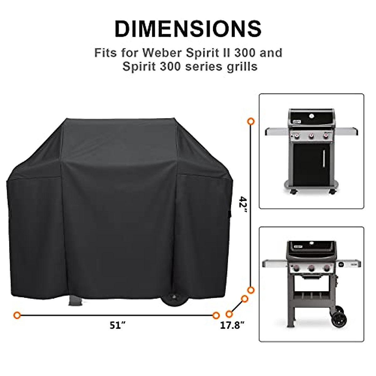 Grisun Grill Cover 51 inch - 7139 Gas Grill Cover for Weber Spirit II 300 and Spirit 300 Series Grills, Waterproof and UV-Resistant BBQ Cover for Spirit I&II 310, E310, 310, E330 and E315 Grill