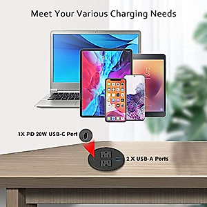 Kungfuking Desktop Power Grommet with PD 20W USB C,Recessed Power Outlets with 2 AC Plugs and 3 USB Charging Ports,Hidden Power Strip for Office Kitchen Cabinet Conference Room
