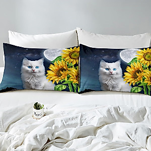 Cute Cat Duvet Cover Set Twin Size,Starry Sky Moon Night Comforter Cover Sunflower Bedding Set 2Pcs for Kids Girls Boys Woman Room Decor,Lovely Pet Animals and Plants Quilt Cover,1 Pillowcase