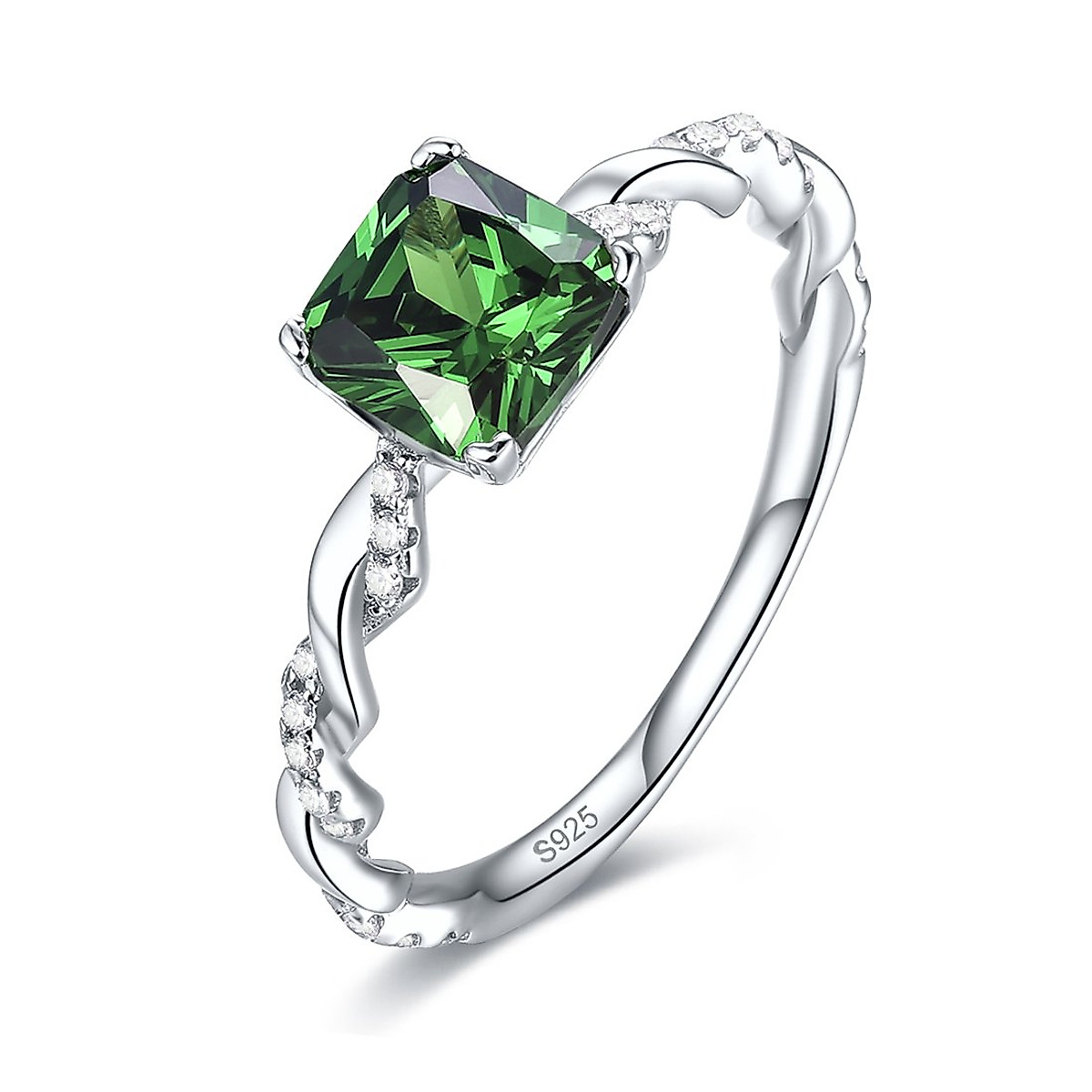 Merthus 7x7mm Square Shape Simulated Emerald 925 Sterling Silver Twist Rope Band Ring for Women Size 6