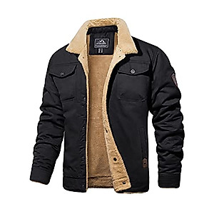 MAGCOMSEN Mens Sherpa Jackets Cargo Jackets Cotton Jackets Fleece Lining Windbreaker Work Jackets Black,XL