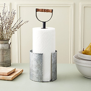 Kitchen Paper Towel Holder for Countertop with Wooden Handle, Galvanized Farmhouse Decor (6 x 16 in)