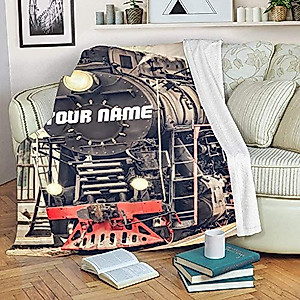 CUXWEOT Custom Blanket with Name Text,Personalized Retro Steam Train Super Soft Fleece Throw Blanket for Couch Sofa Bed (50 X 60 inches)