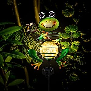 HEDAQI Outdoor Solar Frog Shape Stake Lights with Crackle Glass Globe, Metal Solar Powered Waterproof LED Pathway Ligths for Decor Garden Lawn, Backyard, Patio, Yard, Walkway