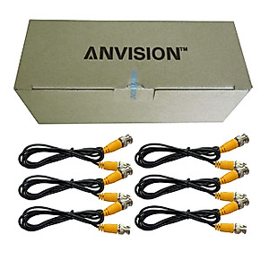 ANVISION 6-Pack Black 1m 3.3ft BNC Male to BNC Male Jumper Cable with Yellow Connector for CCTV DVR to TV System