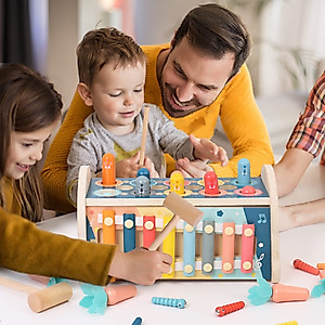 BESTAMTOY Wooden Educational Hammering Gopher Toy Worms Catching Radish Xylophone Pounding Bench Early Learning Lion Patterns Cute Colorful Skills Developing Games Hamster Play Set