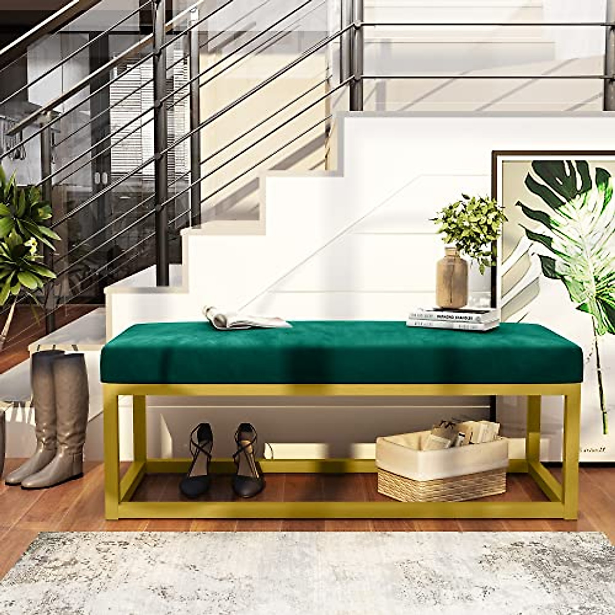 DKLGG Upholstered Ottoman Bench Velvet Shoe Entryway Bedroom Bench, Modern Foot Rest Stools Footstool with Metal Frame, for End of Bed Entry Way, Green