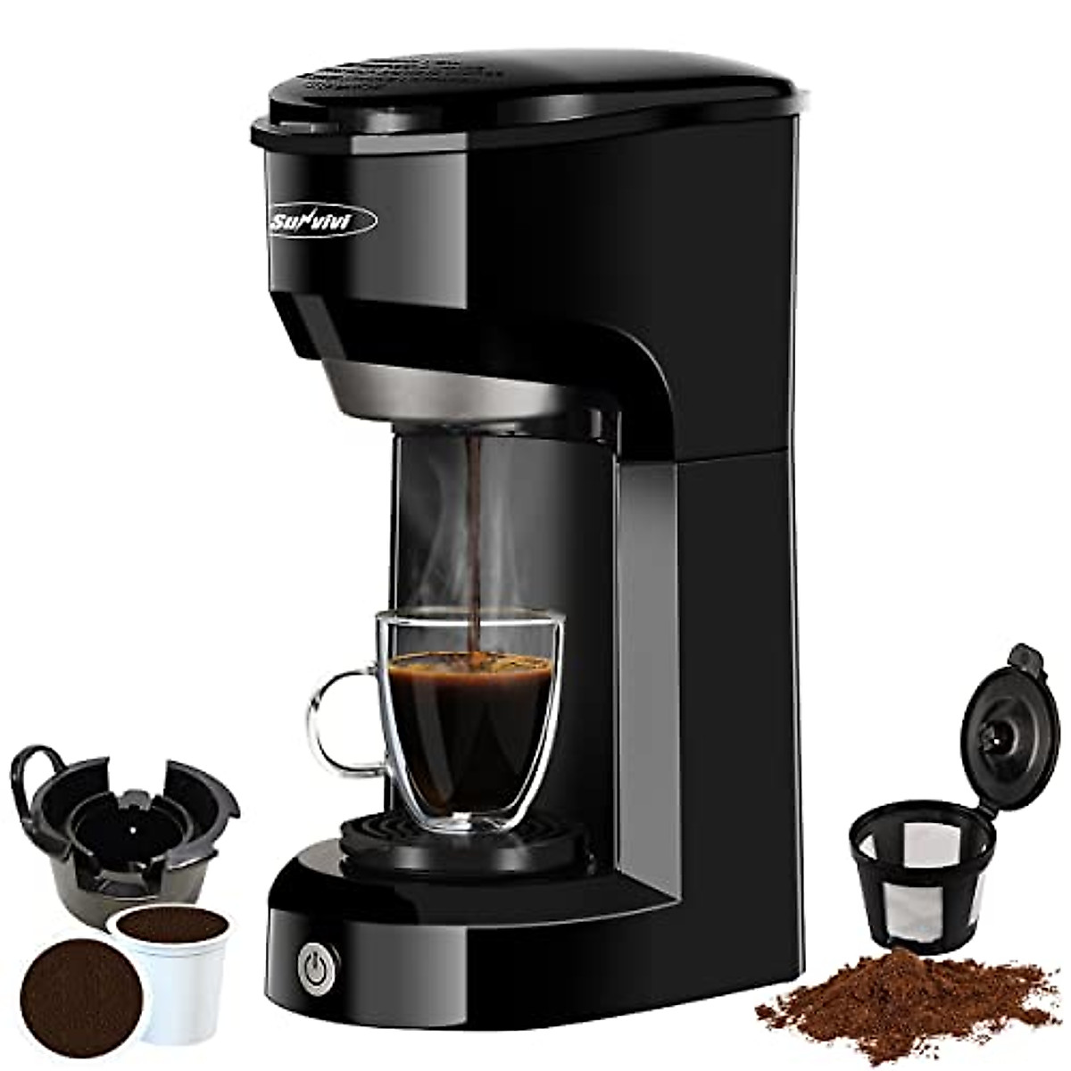Single Serve Coffee Maker, K Cup Coffee Maker for Capsule Pod Ground Coffee, 1000W Single Cup Coffee Maker with Permanent Filter 6-14oz Reservoir One-Touch Button Fast Brew & Auto Shut Off, Black