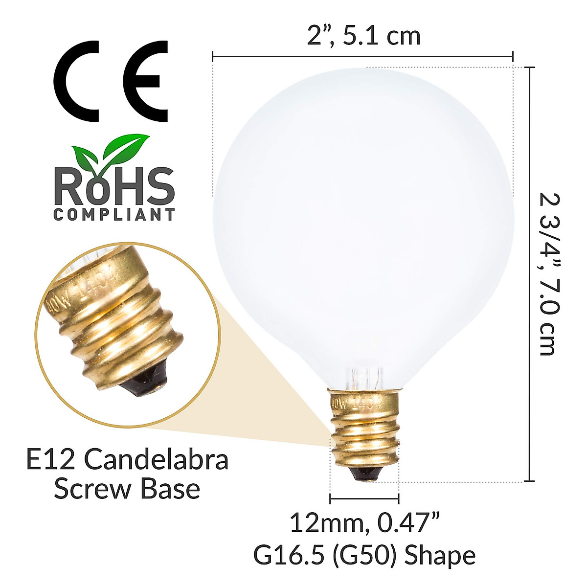 Simba Lighting Small Globe G16.5 Round Bulb 40W E12 Candelabra Base (10 Pack) for Chandelier, Ceiling Fan Light, Decorative Vanity Lights, Wall Sconce, Frosted Glass 120V, 2700K Warm White Dimmable