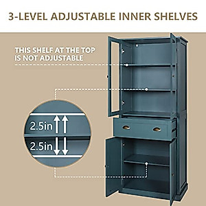 VEIKOU Kitchen Pantry Cabinets, 72" Freestanding Kitchen Pantry Storage Cabinet with Large Drawer, Traditional Tall Pantry Cabinet Cupboard with Glass Doors & Adjustable Shelves, Dark Teal