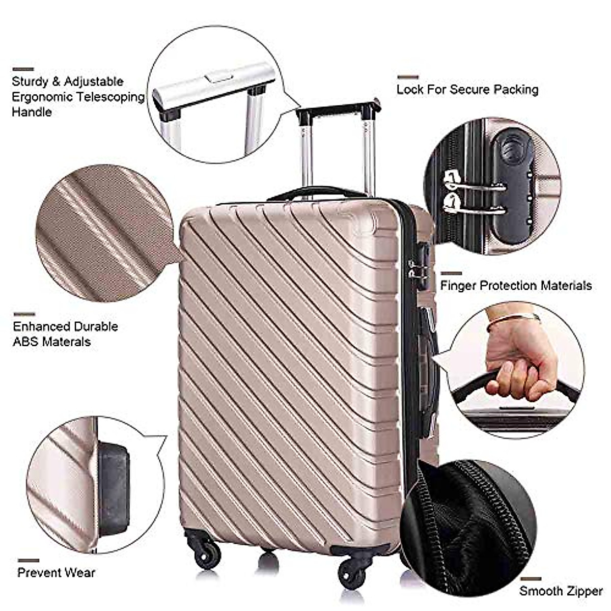Apelila 5 Piece Hardshell Luggage Sets,Travel Suitcase,Carry On Luggage with Spinner Wheels Free Cover&Hanger Inside (Champagne Gold With Bag)
