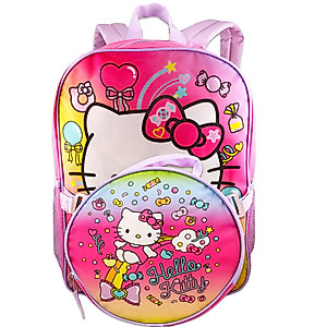 Hello Kitty Backpack Lunch Box for Girls, Kids ~ 4 Pc Bundle with 16" Pink Hello Kitty School Bag, Lunch Bag, Stickers, More (Hello Kitty School Supplies Stuff)