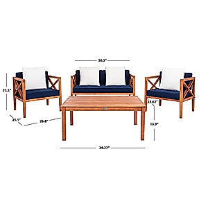 Safavieh PAT7031E Collection Nunzio Teak 4 Pc Accent Outdoor Set, Natural/Navy + Solid Pillow