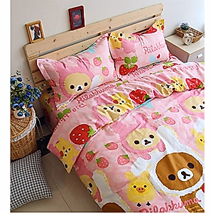 LELVA Rilakkuma Pattern Bedding Quilt/Comforter Cover Set Kids Bedding Duvet Cover Set for Girls Flat Sheet Pink Twin Size