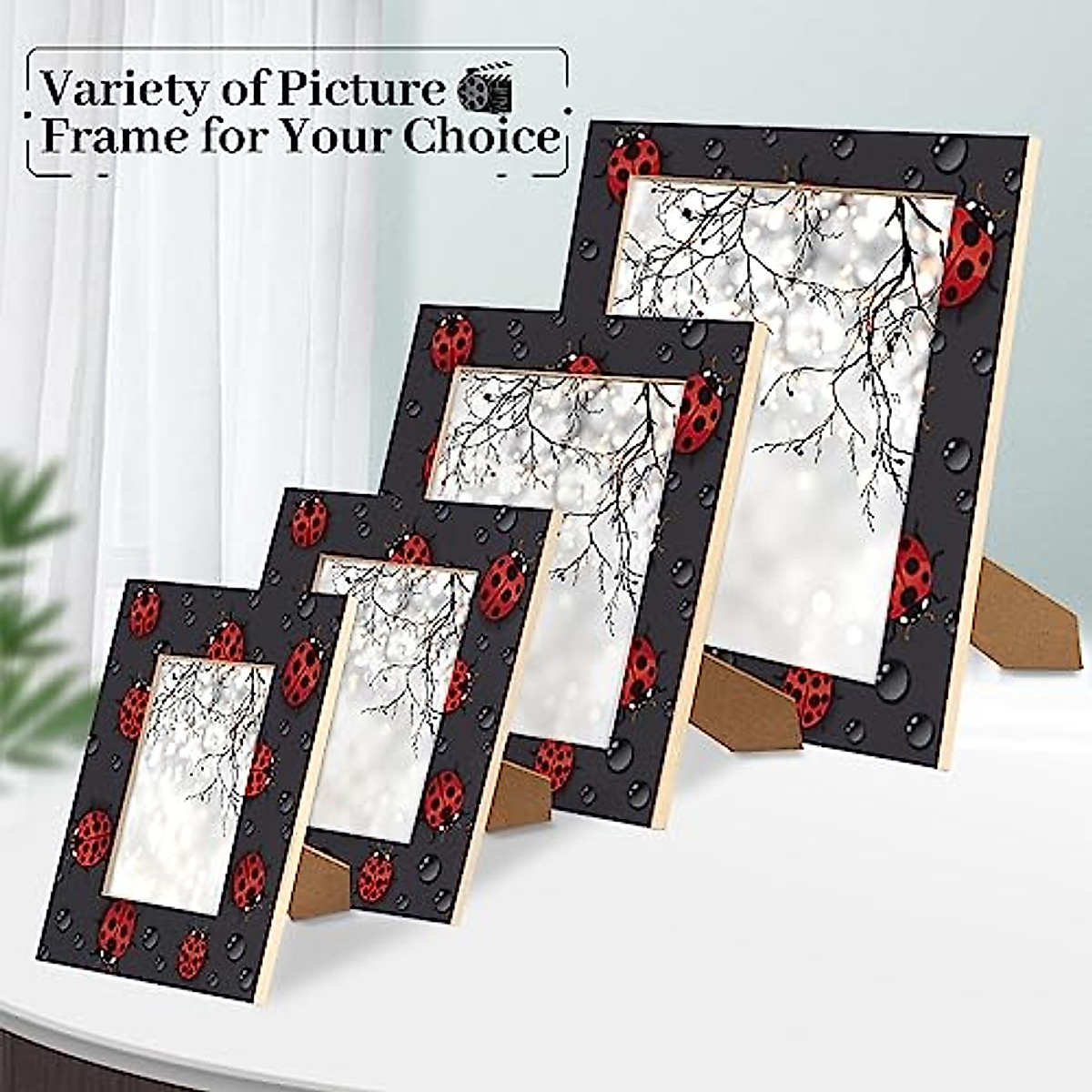 POFATO 3D Seven Star Ladybug 4x6 Picture Frame Wood Photo Frame for Tabletop Display Wall Mount Picture Frame Display 4x 6 Inch Photo Wall Decor Home Gift Frames