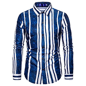 Men's Long Sleeve Stylish Dress Shirts Striped Casual Button Down Shirts Regular Fit Turn-Down Collar Shirt Top (Dark Blue,3X-Large)