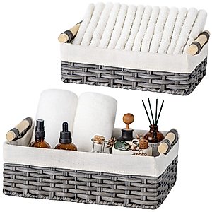 GRANNY SAYS Gray Wicker Baskets, Decorative Baskets for Shelves, Basket Organizer with Handles, Small Wicker Baskets for Organizing, Toilet Paper Baskets for Organizing, Set of 2