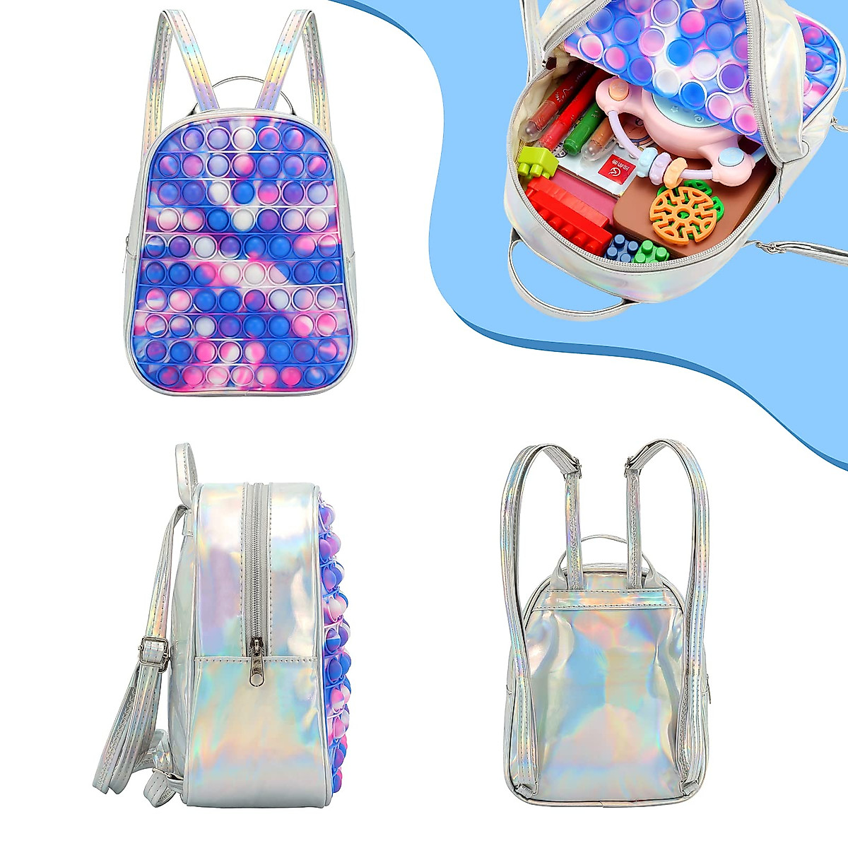 Powshinno Pop Mini Backpack Purse for Girls Boys Bag Fidget Pop Party Favors Birthday Gif Bag School Shoulder Bag(Purpleblue,Large)