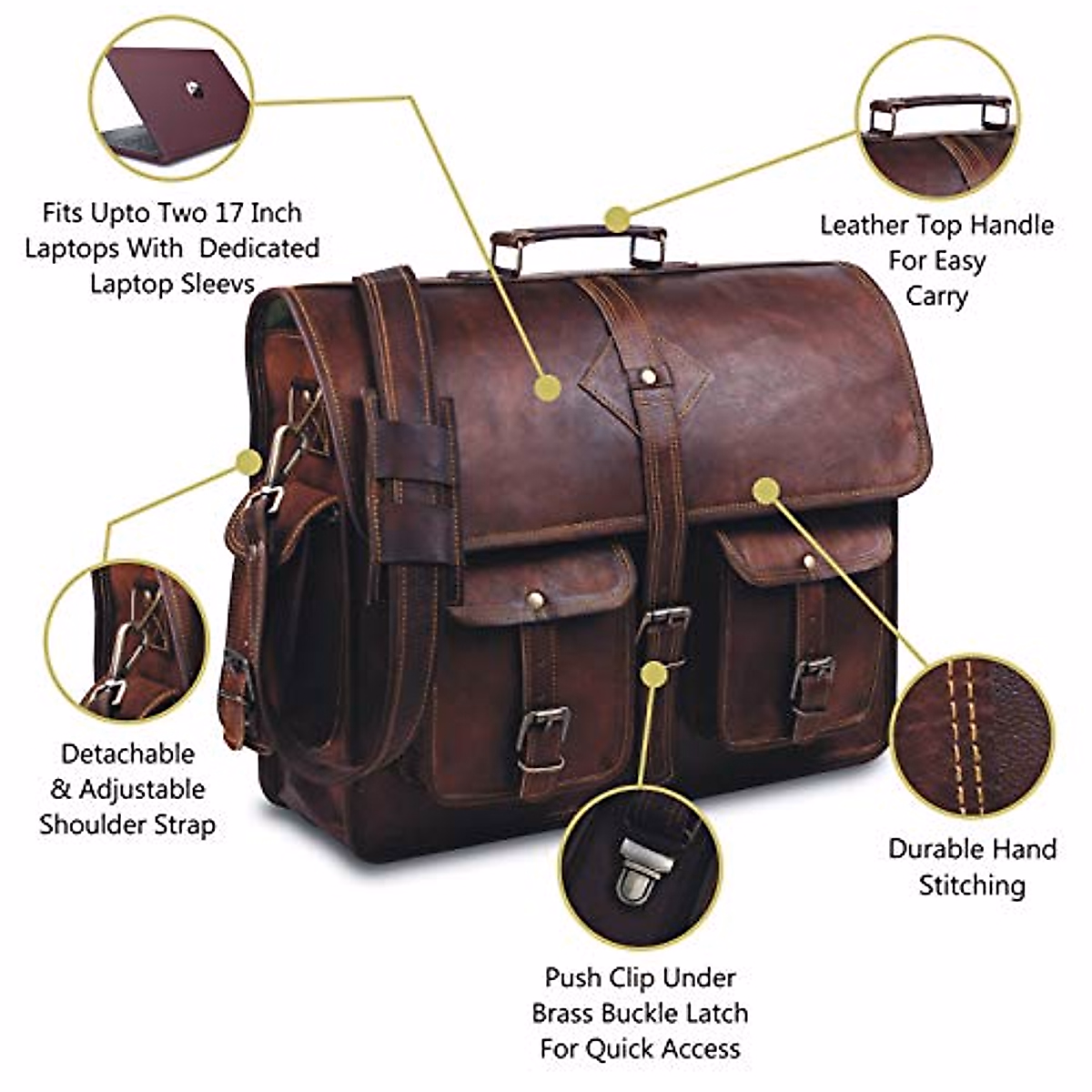 HULSH Vintage Leather Laptop Bag for Men Full Grain Large Leather Messenger bag for men 18 inches with rustic look Best leather briefcase