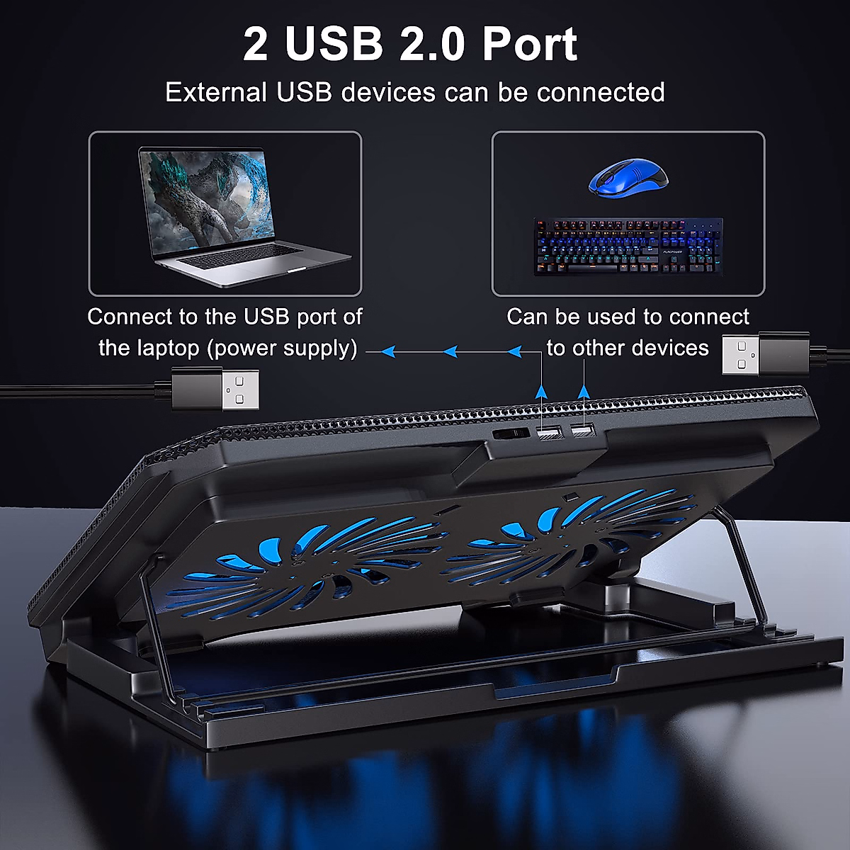 LIENS Laptop Cooling Pad with Adjustable Height Two 5.1 Inches Fan 2 USB Ports Suitable for 12"-15.6" Laptops（Black）