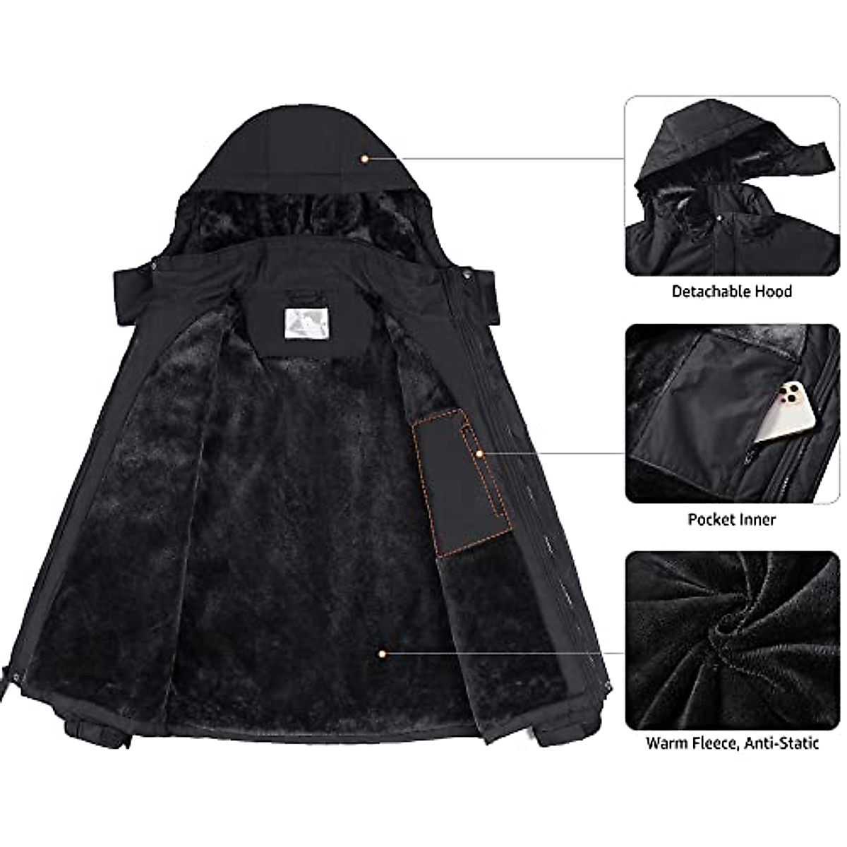 CAMEL CROWN Men's Waterproof Ski Jacket Warm Winter Snow Coat Mountain Windbreaker Hooded Raincoat Snowboarding Jacket