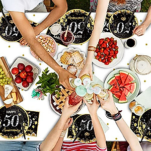 24 Guests 50th Wedding Anniversary Party Supplies, Gold Black Tablecloth Plates Napkins Forks Set for 50th Wedding Anniversary Party, Disposable Tableware Decorations Party Decorations Favors