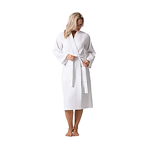 Turkish Linen Waffle Knit Lightweight Kimono Spa & Bath Robes for Women - Quick Dry - Soft (White, Medium)