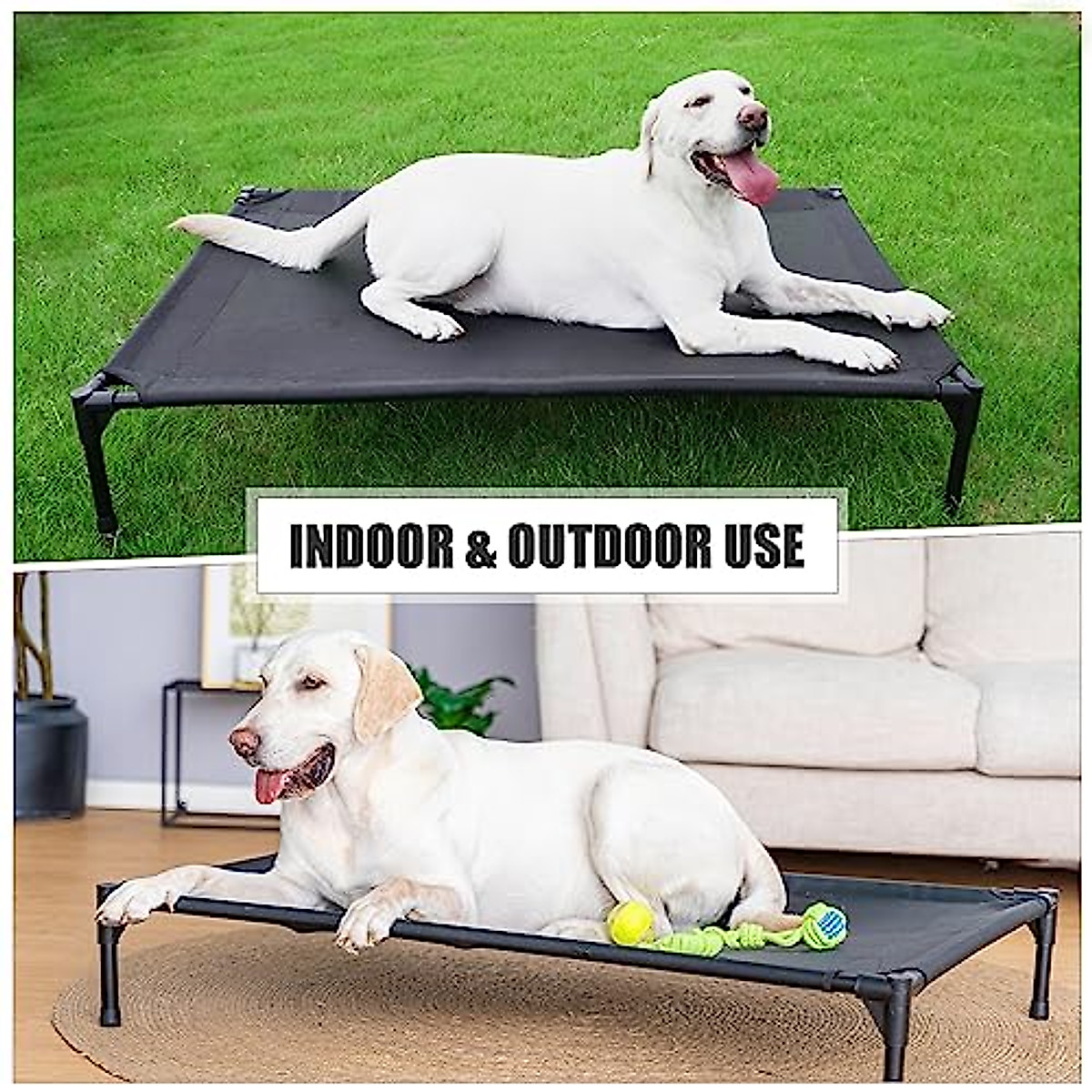 Garnpet Elevated Dog Bed for Extra Large Dogs, Raised Dog Cot Beds Fits Up to 150 LBs, Heavy Duty Pet Cots with Durable Supportive Teslin Recyclable Washable Mesh, Indoor & Outdoor Dog Bed, Black