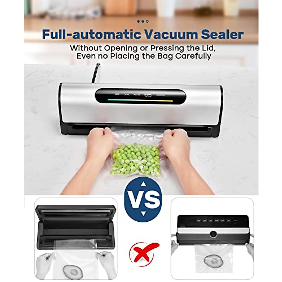 Vacuum Sealer Machine, 95Kpa Full Automatic Food Vacuum Sealer for Food Preservation & Sous Vide, with Astonishing Large LED Screen, 5 Vacuum Sealer Bags, Dishwashable Drip Tray, 15.15in