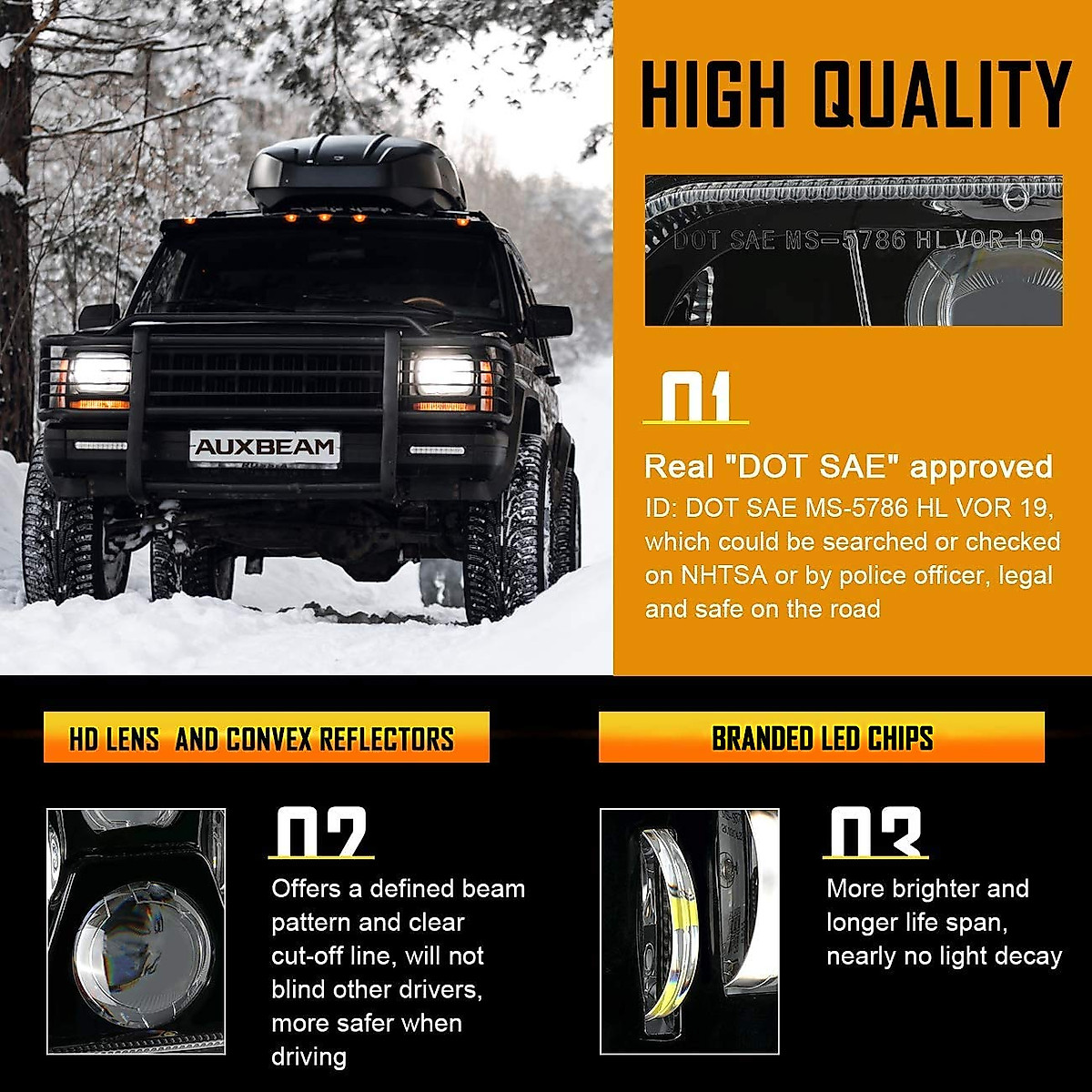 Auxbeam 5x7 7x6 Inch Led Headlights with High Low Beam H6054 6054 Led Rectangular Headlight Compatible for Jeep Wrangler YJ Cherokee XJ GMC Replacement H5054 H6054LL 69822 6052 6053 (Black)