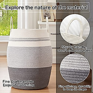 OIAHOMY Laundry Hamper Woven Rope Large Clothes Hamper 25.6" Height Tall Laundry Basket with Extended Handles for Storage Clothes Toys in Bedroom, Bathroom, Foldable (Dark Grey)
