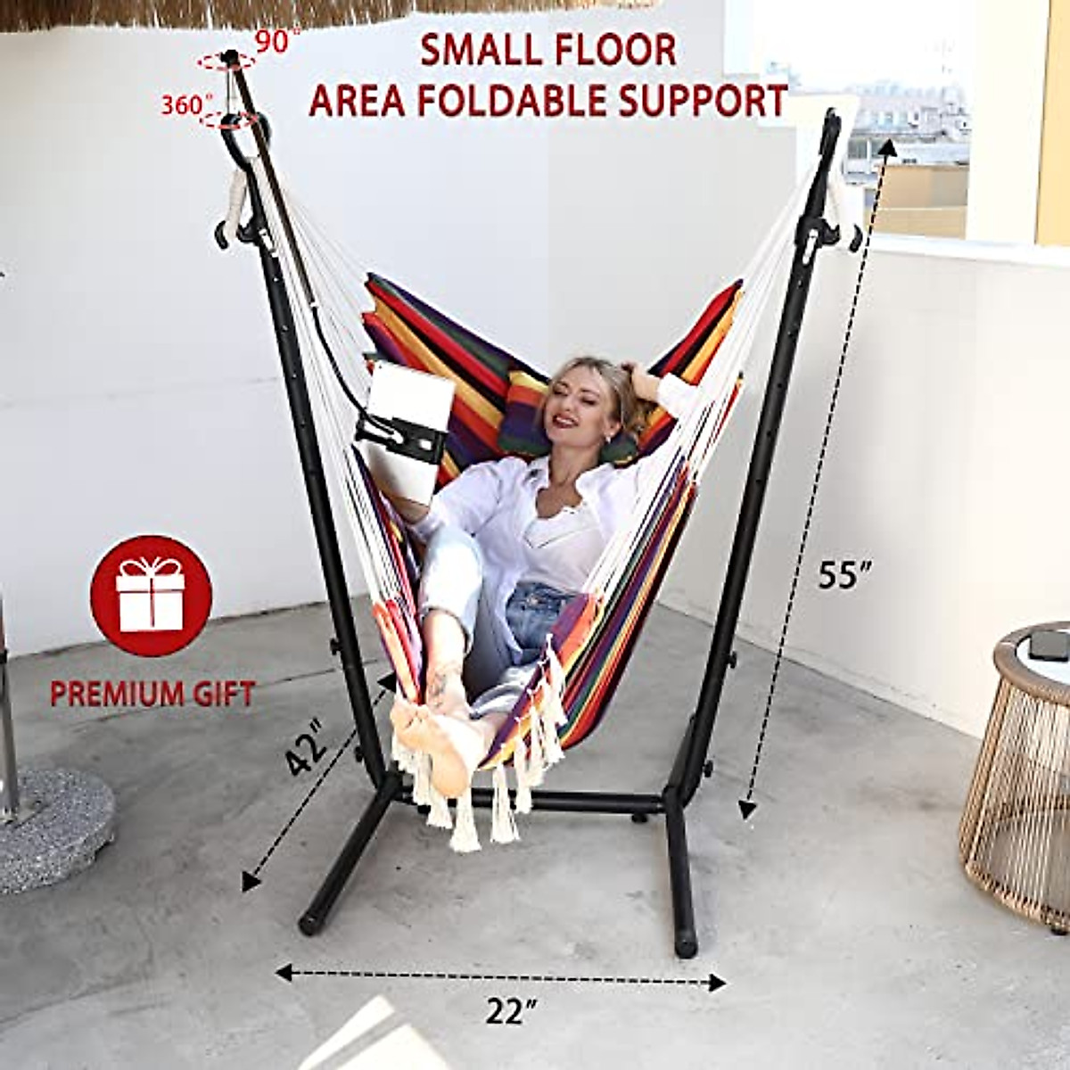 Hammock Chair with Stand Double Hammock Chair Bohemian Style with Tassel Mobile Phone Support Manual Adjustable Swing Indoor and Outdoor Garden Porch with Floor mat Reclining Capacity 400 pounds