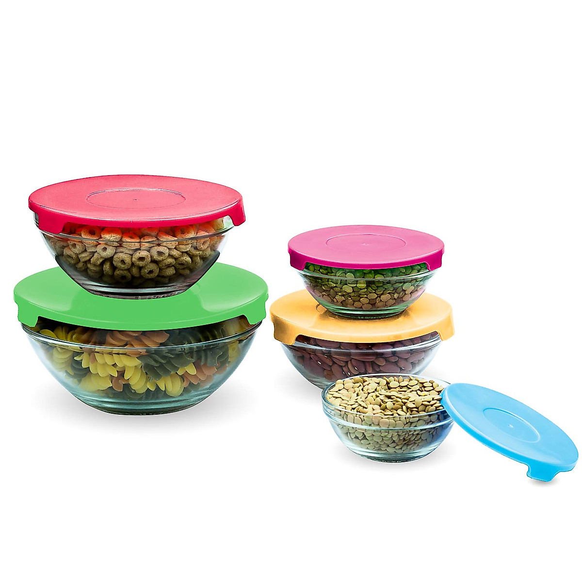 Stackable Glass Lunch Bowls/Multi Purpose Food Containers with Multi Color Lids - 5 Piece Set