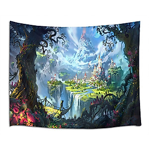 LB Fantasy Forest Castle Tapestry, Large Green Magic Fairy Tale World Tapestry Wall Hanging, Trippy Mountain Tapestry Wall Decor for Bedroom Living Room Dorm Wall Decor, 80 x 60 Inches