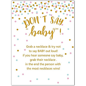 ZJJZGYXINTAI Baby Shower Games for Girl, Including 1 Don’t Say Baby Sign and 24Pcs Pink Beaded Necklace 72Pcs Pink Mini Pin