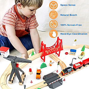 WOOD CITY Wooden Train Set, 56-Piece Deluxe Kids Toy Train Set for 2 3 4 5 Year Old Boy, Cargo-Themed Train Track with Tower Crane & Suspension Bridge - Fits Thomas Brio Chuggington Melissa Orbrium