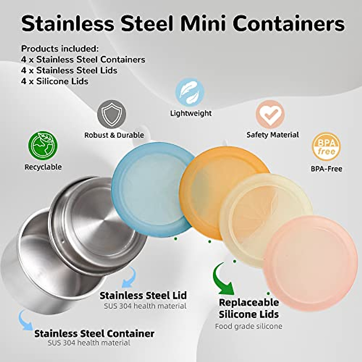 Kieaisy Salad Dressing Container To Go, 4x1.6oz Small Condiment Containers with Lids, Stainless Steel Leakproof Dips Condiment Containers, Dressing/Sauces/Snacks Container