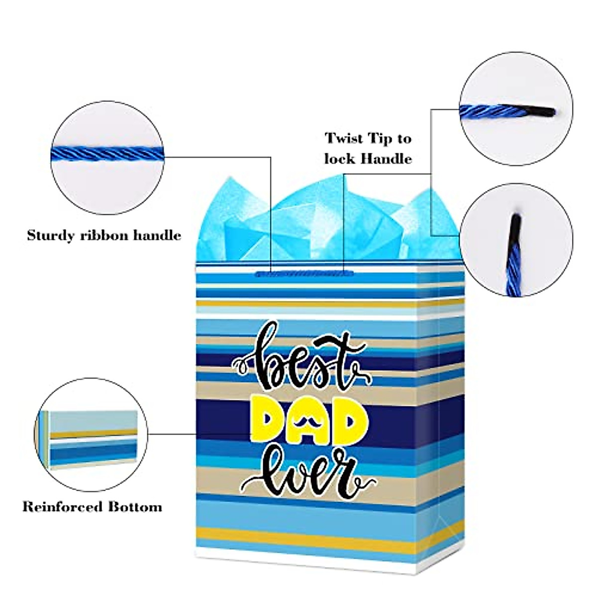 FaCraft Father's Day Gift Bag with Tissue Paper,13" Happy Fathers Day Wrapping Bag with Handle,Large Paper Gift Bag for Dad Father Men Grandpa Best Dad Ever Bags for Birthday Father's Day Party Favor