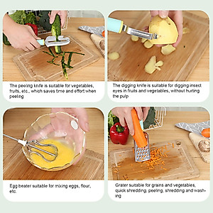 CHEOTIME 4Pcs Kitchen Gadget Set, Stainless Steel Kitchen Utensils Set Egg Beater Digging Knife Grater Cooking Utensil Sets Detachable Kitchen Cooking Set for Kitchen