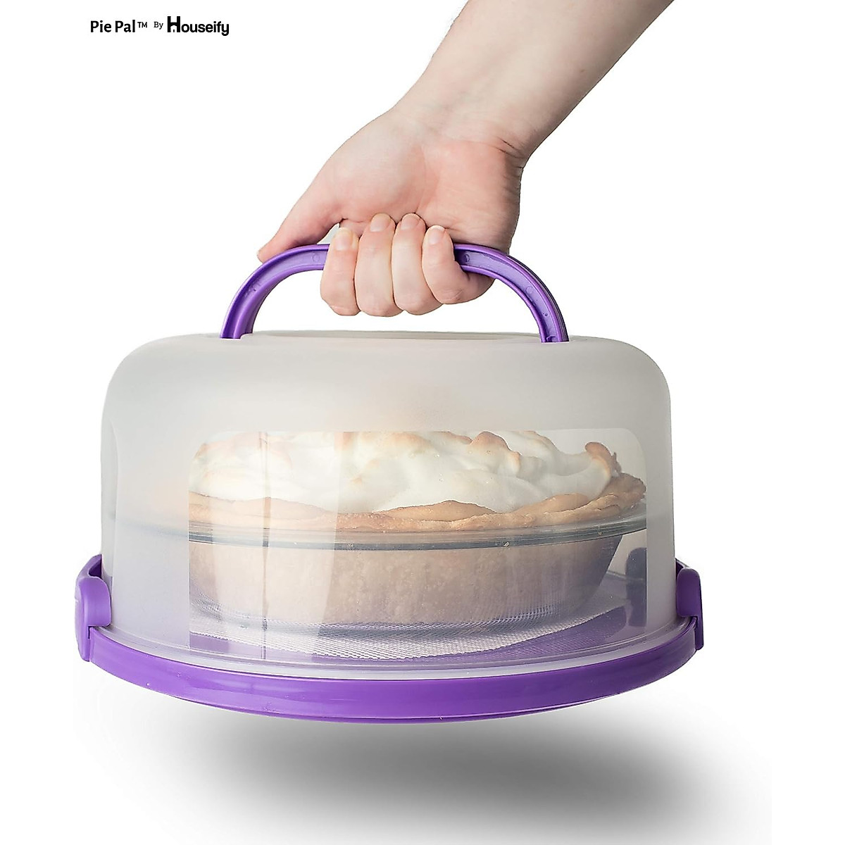 Houseify Purple PIE PAL, Pie & Cake Carrier w/Flat Handle & Domed Lid for Tall Pies & Cakes, Cupcake Storage, Plus Veggie/Fruit/Nut Tray, Fits 9 In. Cakes & Pies