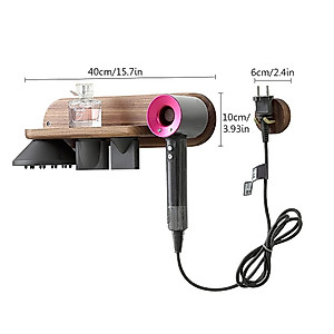 Wood Wall Mount Hair Dryer Holder for Dyson Supersonic, Walnut Bathroom Rack Magnetic Wall Bracket for Dyson Hair Dryer Power Plug, Diffuser and Nozzles Storage Organizer